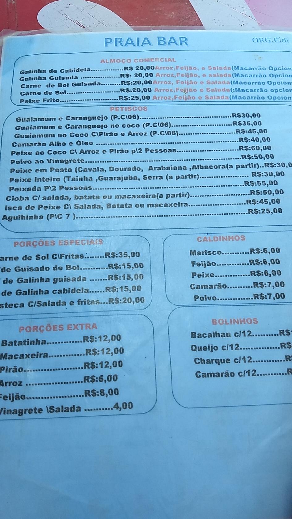 Menu at Praia Bar, Maragogi