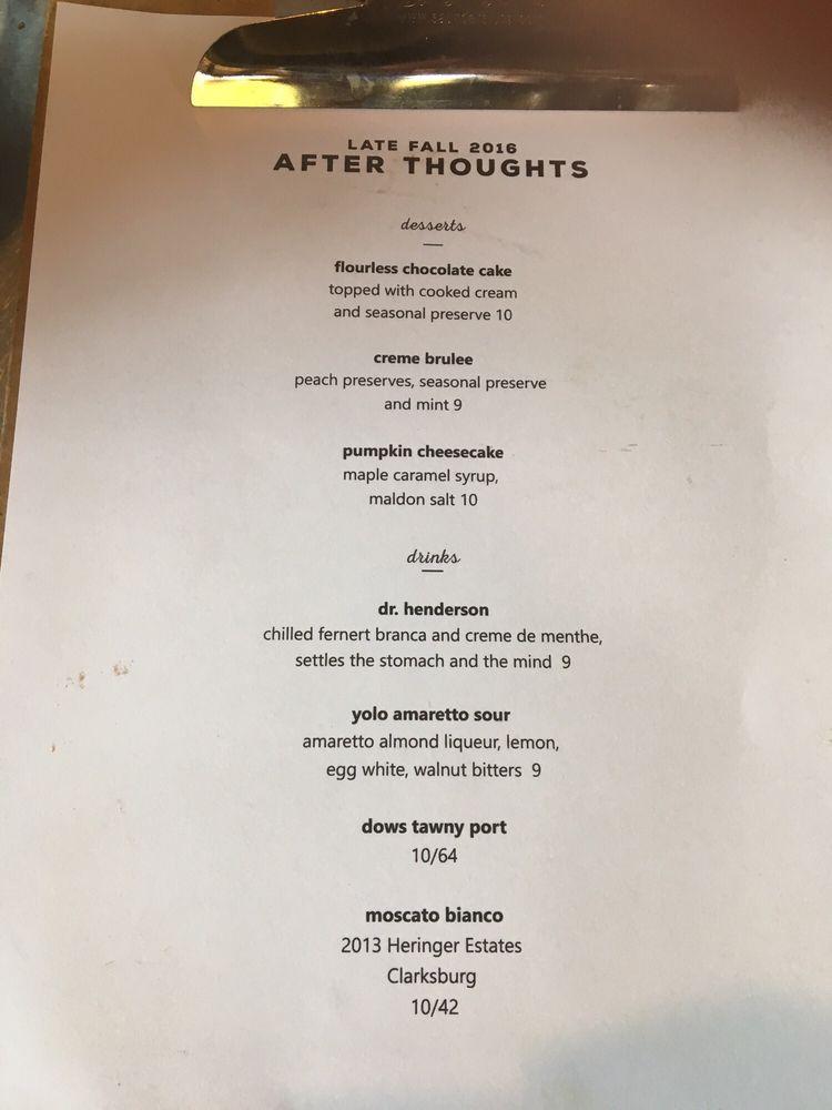 Menu at Preserve restaurant, Winters