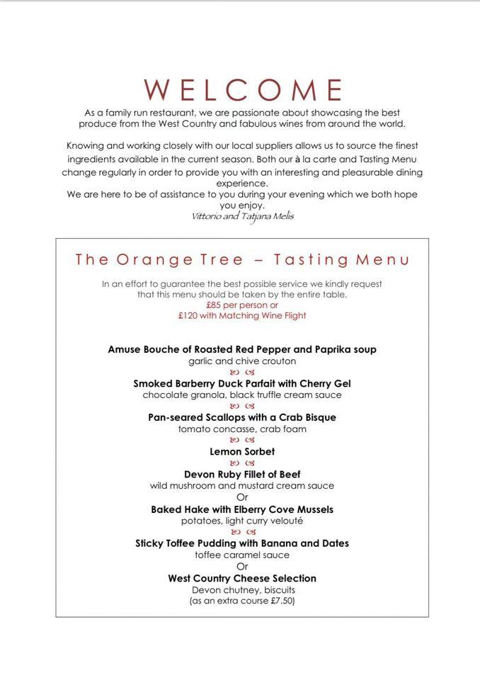 Menu at The Orange Tree Restaurant, Torquay