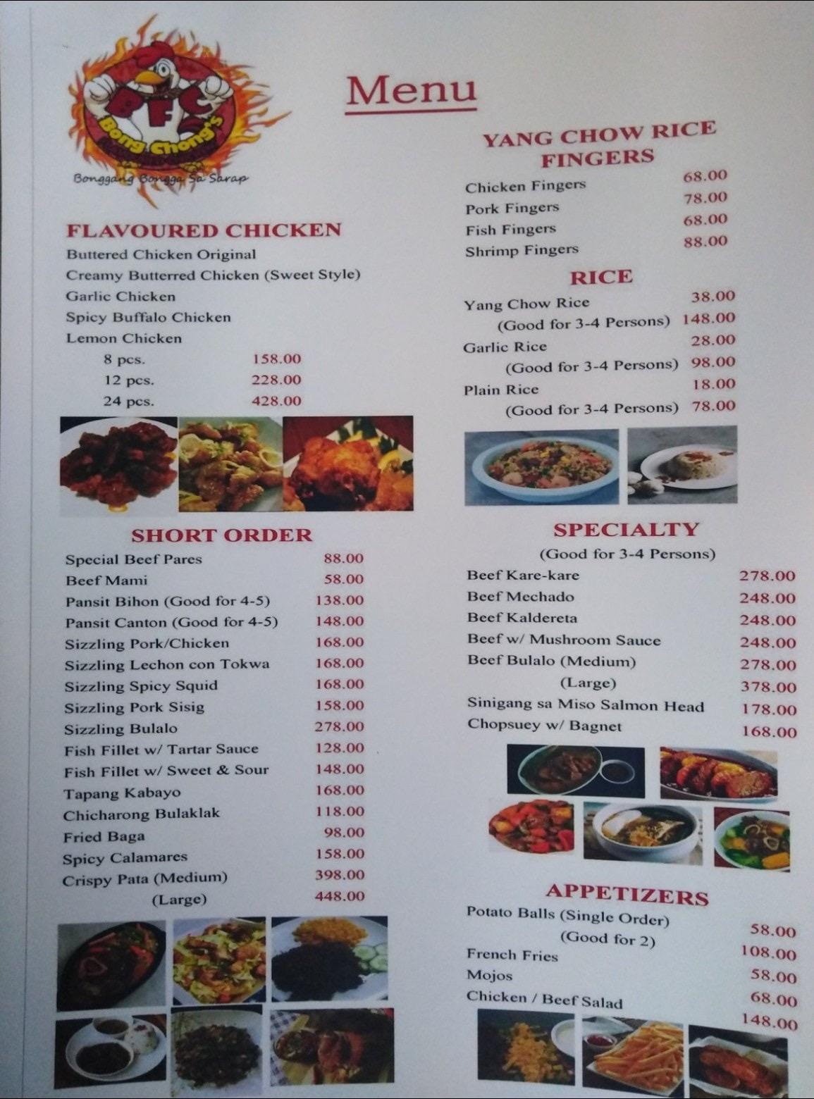 Menu at Bong Chong’s Flavoured Chicken restaurant, Obando