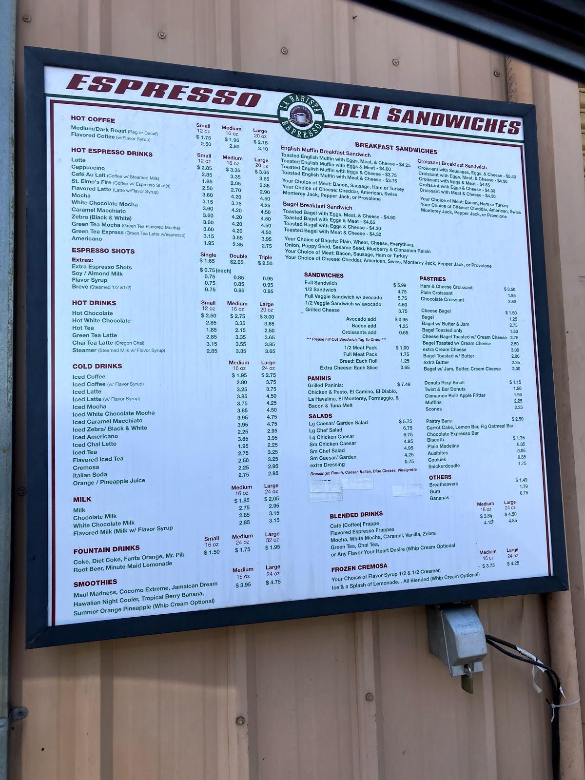 Menu at La Barista Espresso, Fairfield