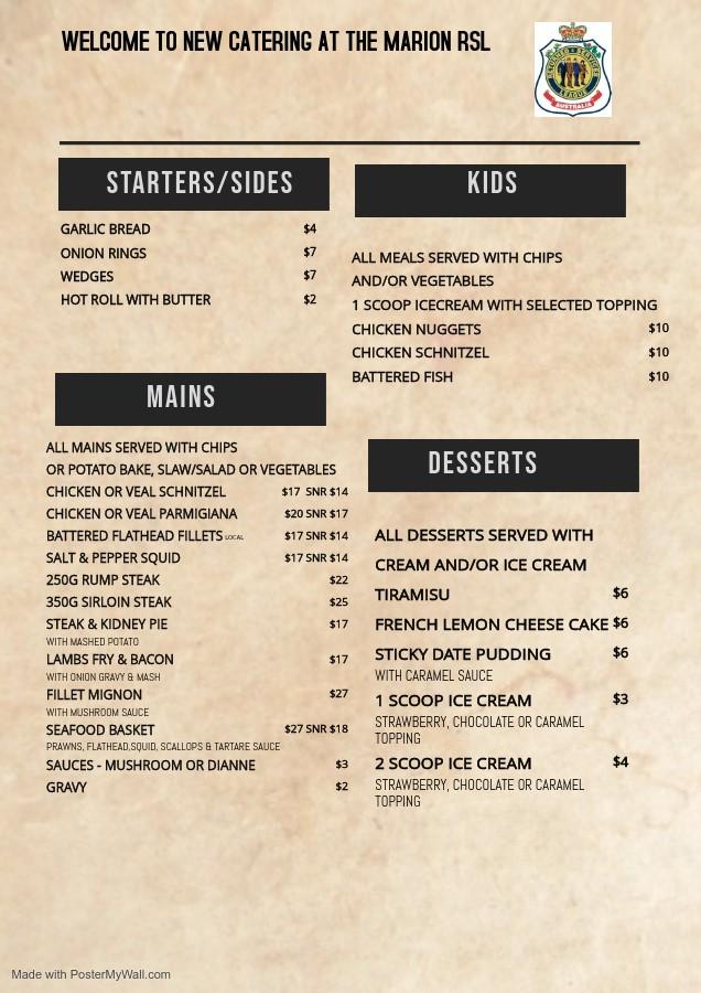 Menu at Marion RSL And Marion RSL Bowling Club, Marion