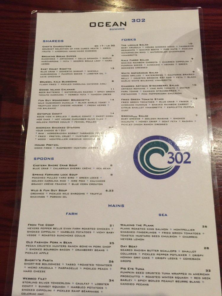 Menu at Ocean 302 steakhouse, Melbourne Beach