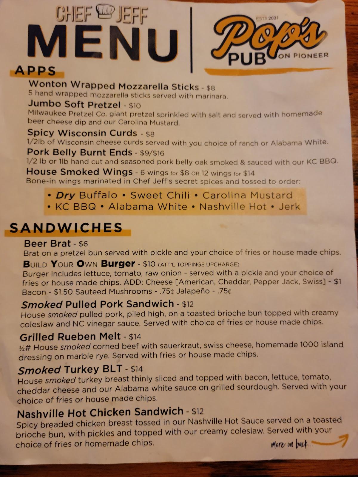 Menu at Pop's Pub on Pioneer, Muskego