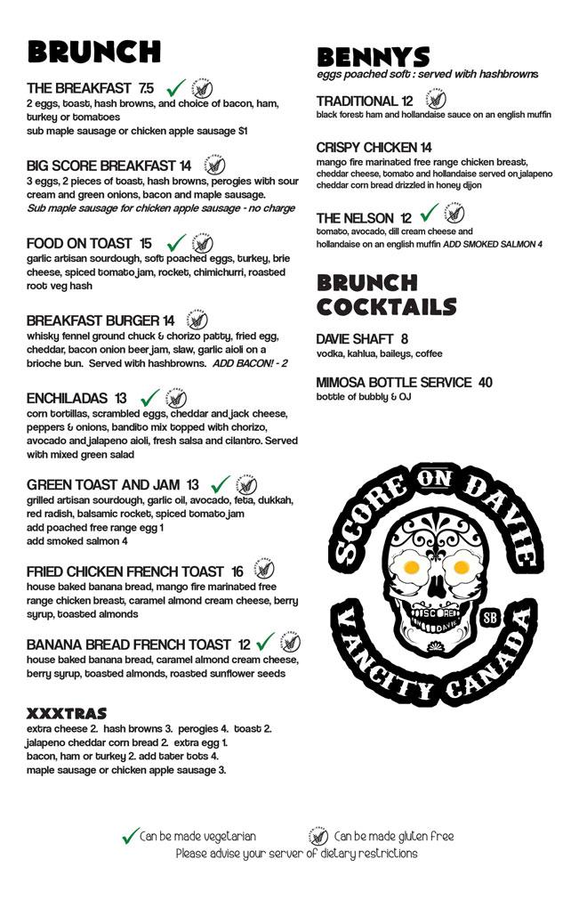 Menu at Score on Davie pub & bar, Vancouver