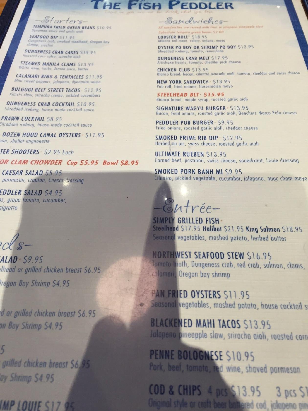 Menu at The Fish Peddler Restaurant on Foss Waterway, Tacoma