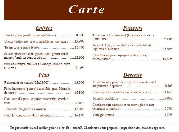 Menu at Chez Pierre restaurant, Bordeaux
