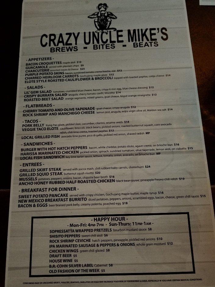 Menu at Crazy Uncle Mike's restaurant, Boca Raton