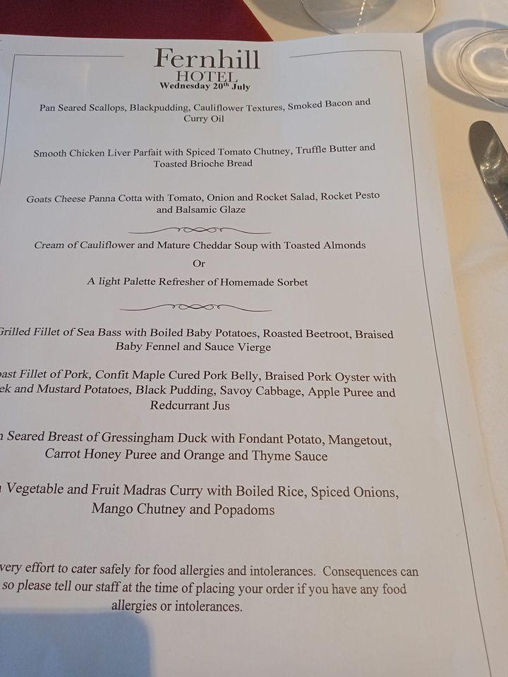 Menu at Fernhill Hotel restaurant, Portpatrick