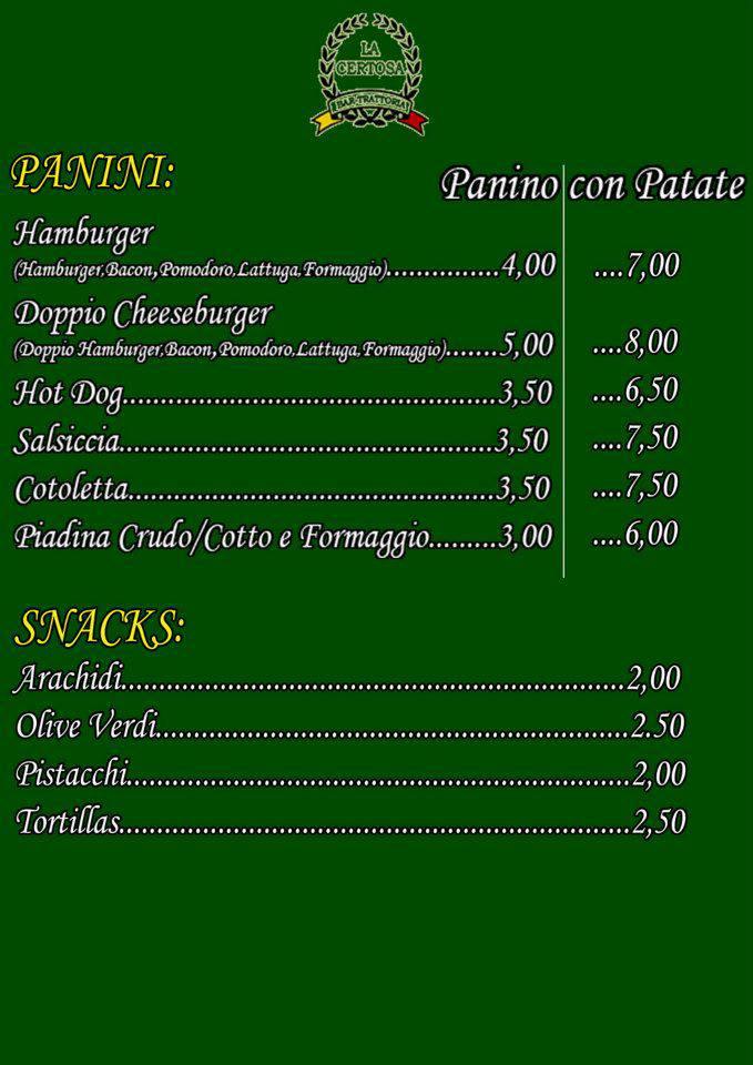 Menu da La Certosa ristorante, Roma