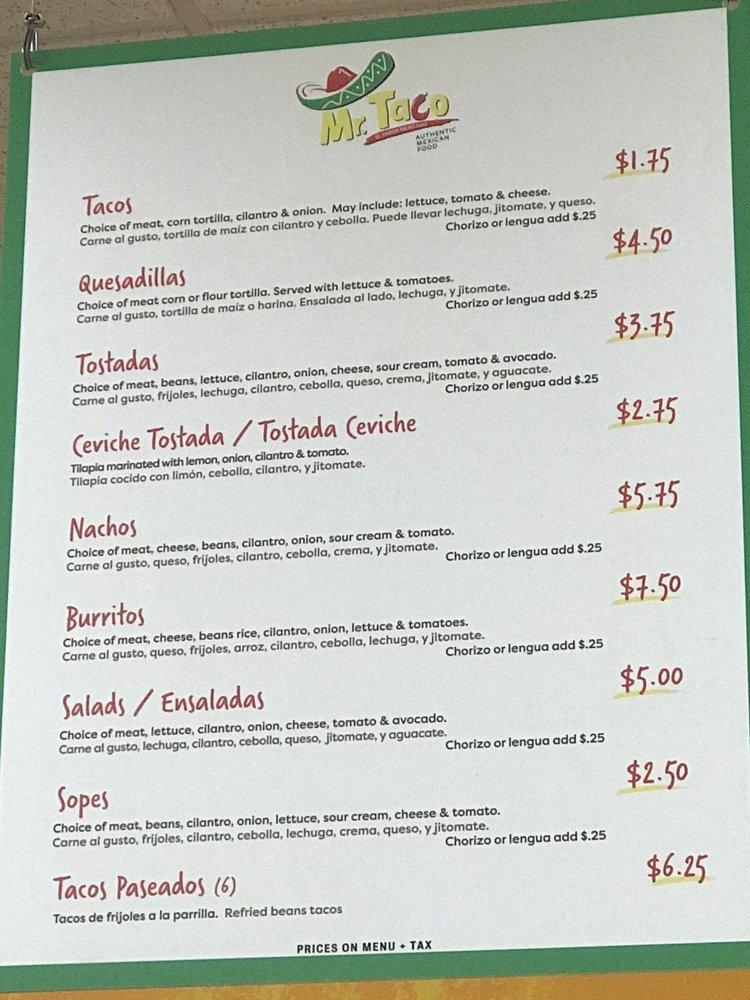 Menu at Mr Taco restaurant, Meriden, 69 Miller St