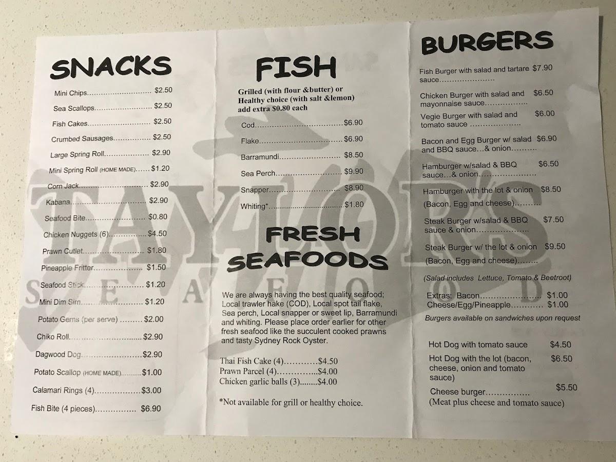 Menu at Taylors Seafood restaurant, Ferny Grove