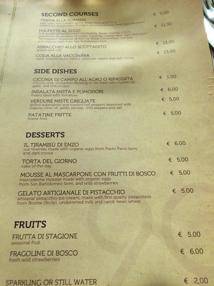 Menu at Trattoria Da Enzo al 29 restaurant, Rome