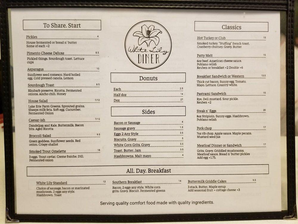 Menu at White Lily Diner restaurant, Toronto