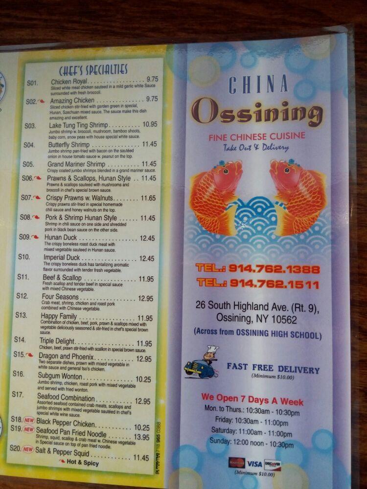 Menu at China Ossining restaurant, Ossining