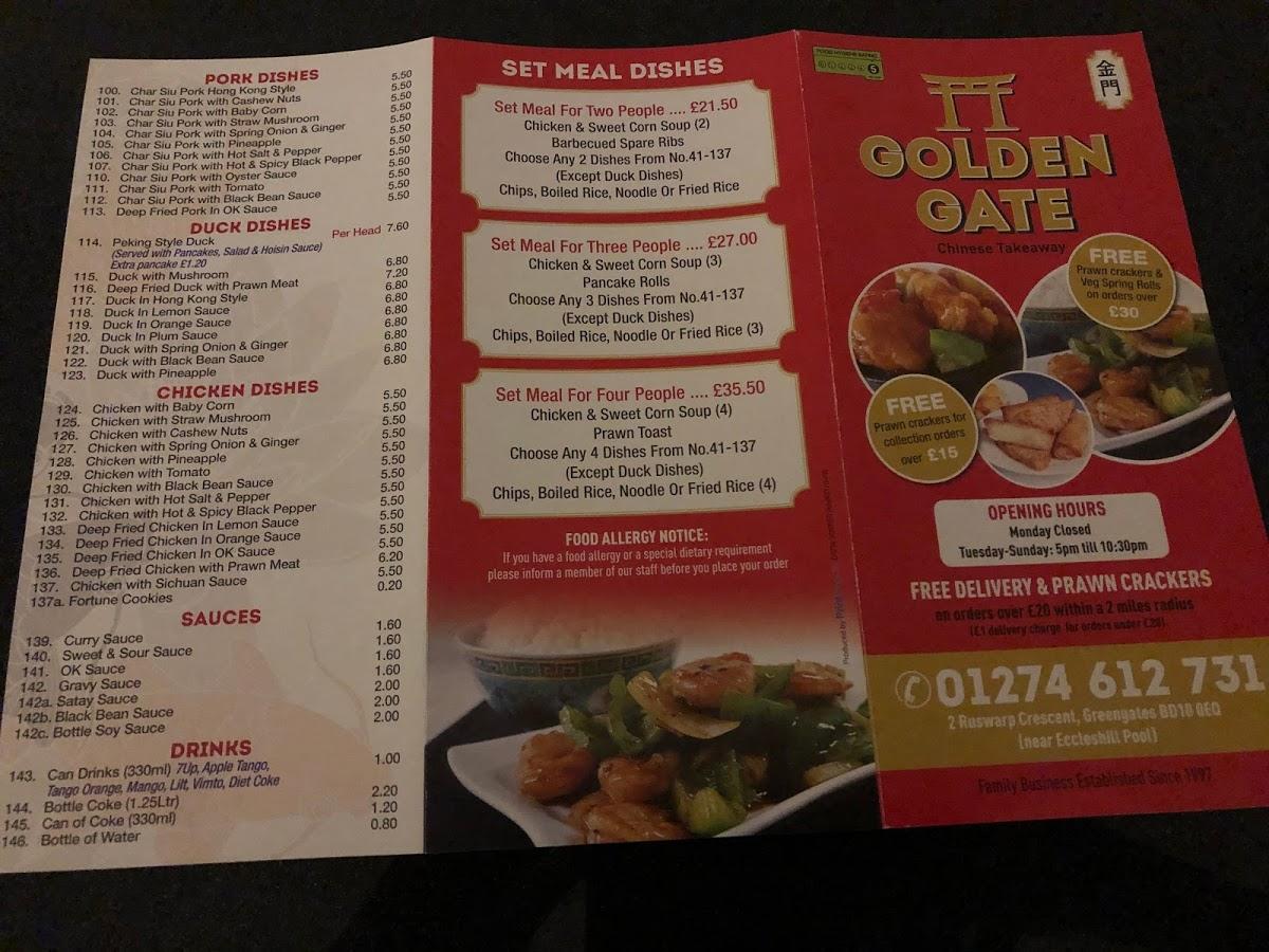 Menu at Golden Gates restaurant, Bradford