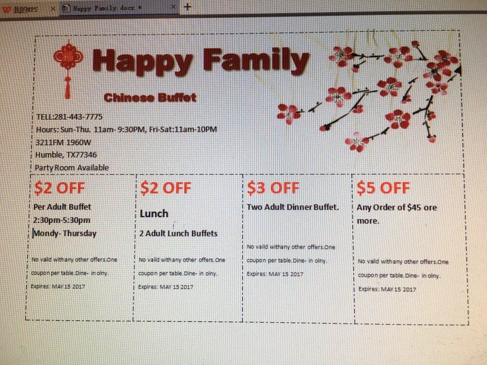 Menu at Happy Family Chinese Buffet restaurant, Houston