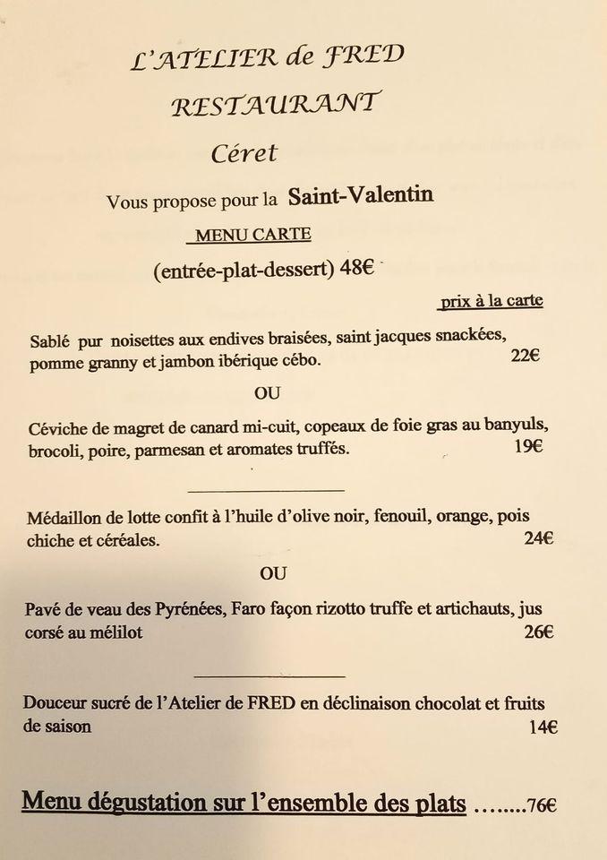 Menu au L'Atelier de Fred Céret France restaurant, Céret