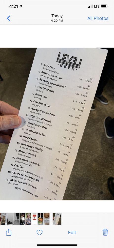 Menu at Level Beer pub & bar, Portland, NE 148th Ave