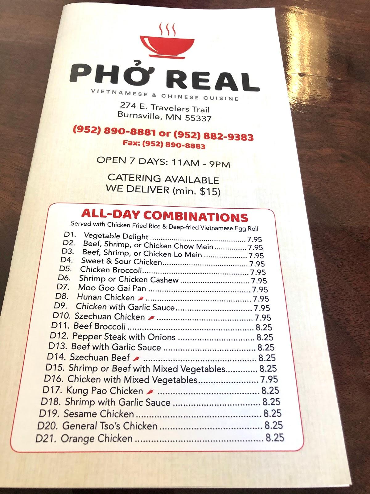 Menu at Pho Real restaurant, Burnsville