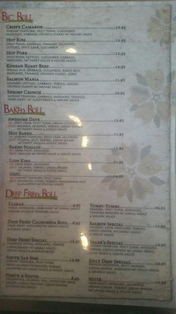 Menu at Sushi Jae restaurant, San Jose