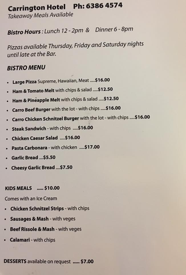Menu at The Carrington Hotel pub & bar, Harden