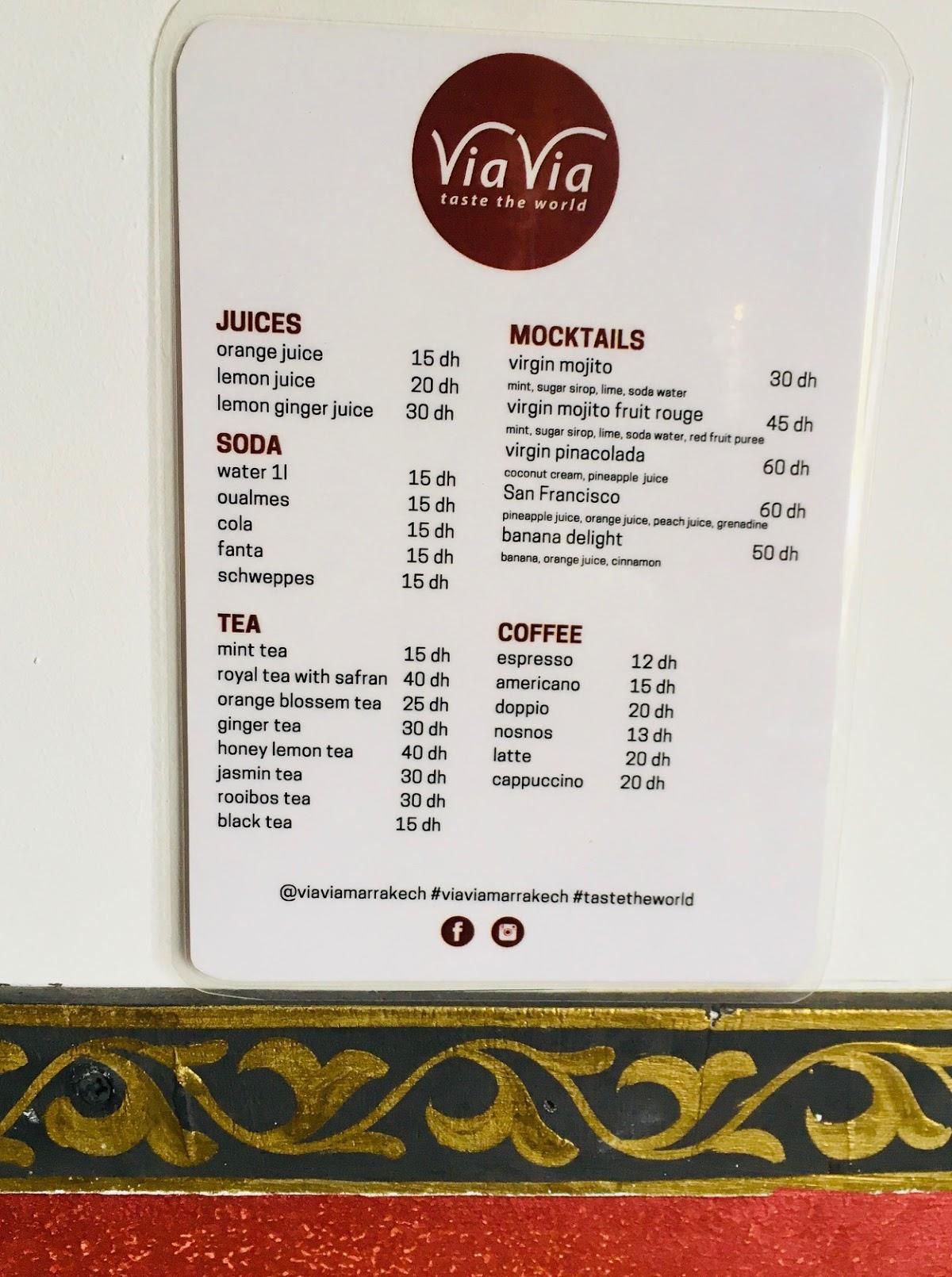 Menu at ViaVia Marrakech restaurant, Marrakesh
