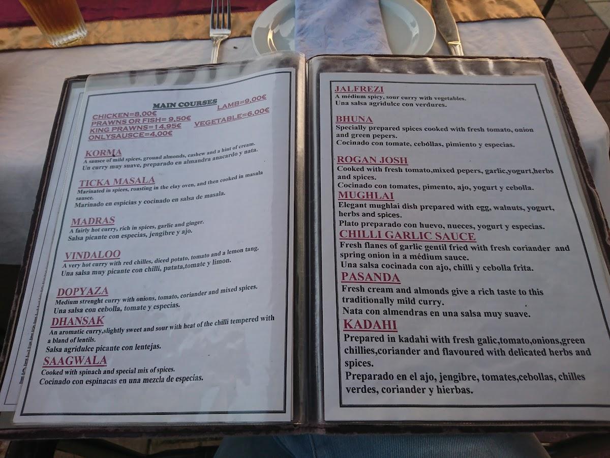 Menu at indian ocean restaurant, Las Lagunas de Mijas
