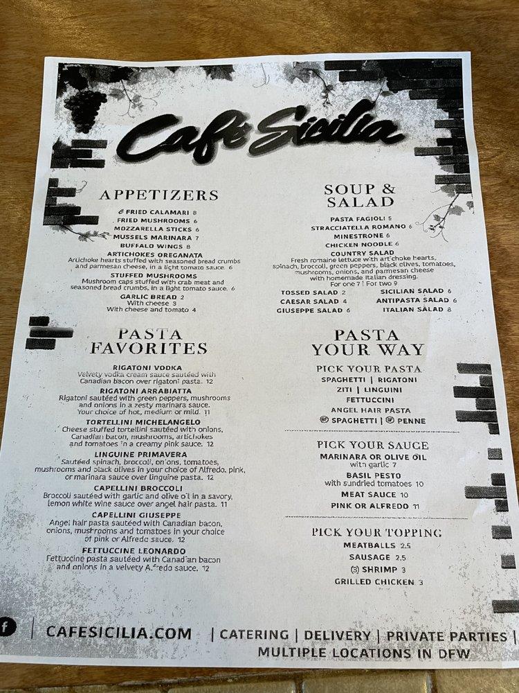 Menu at Cafe Sicilia Watauga, Keller