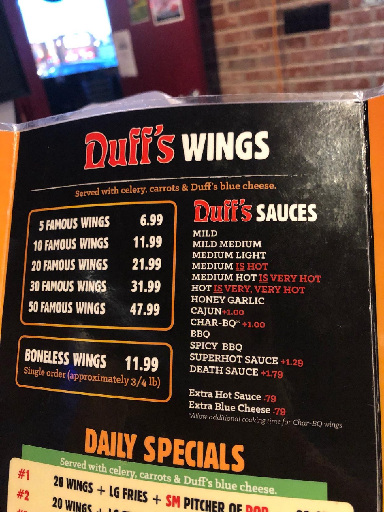 Menu at Duff's Famous Wings pub & bar, Niagara Falls