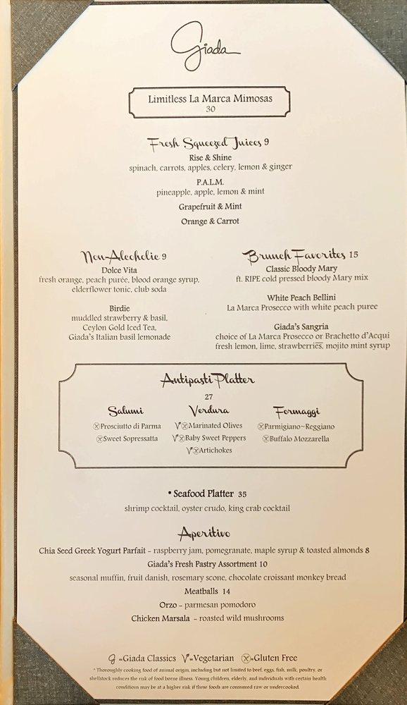 Menu at GIADA restaurant, Las Vegas, Las Vegas Blvd S