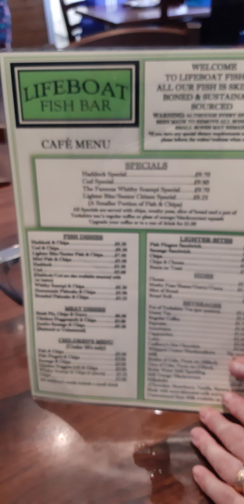 Menu at Lifeboat Fish Bar, Fish and Chip Cafe & Takeaway, Scarborough