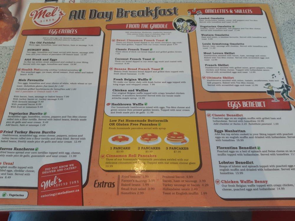 Menu at Mel's Diner restaurant, Kitchener, 645 Westmount Rd E