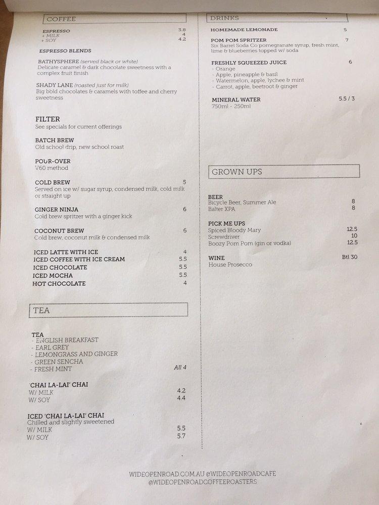 Menu at Wide Open Road Coffee Roasters cafe, Brunswick
