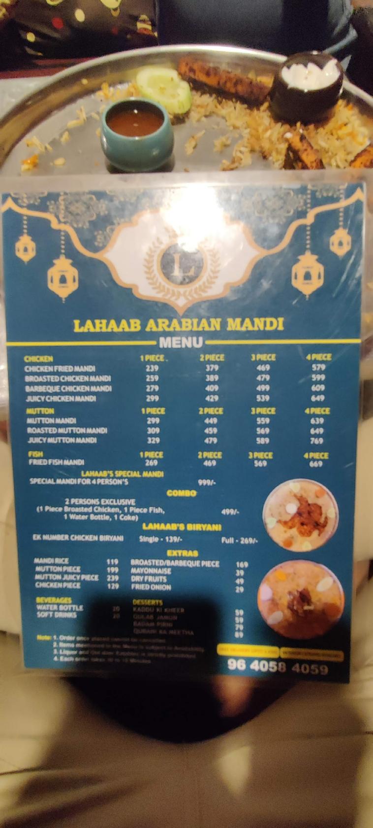 Menu at LAHAAB ARABIAN MANDI, Hyderabad