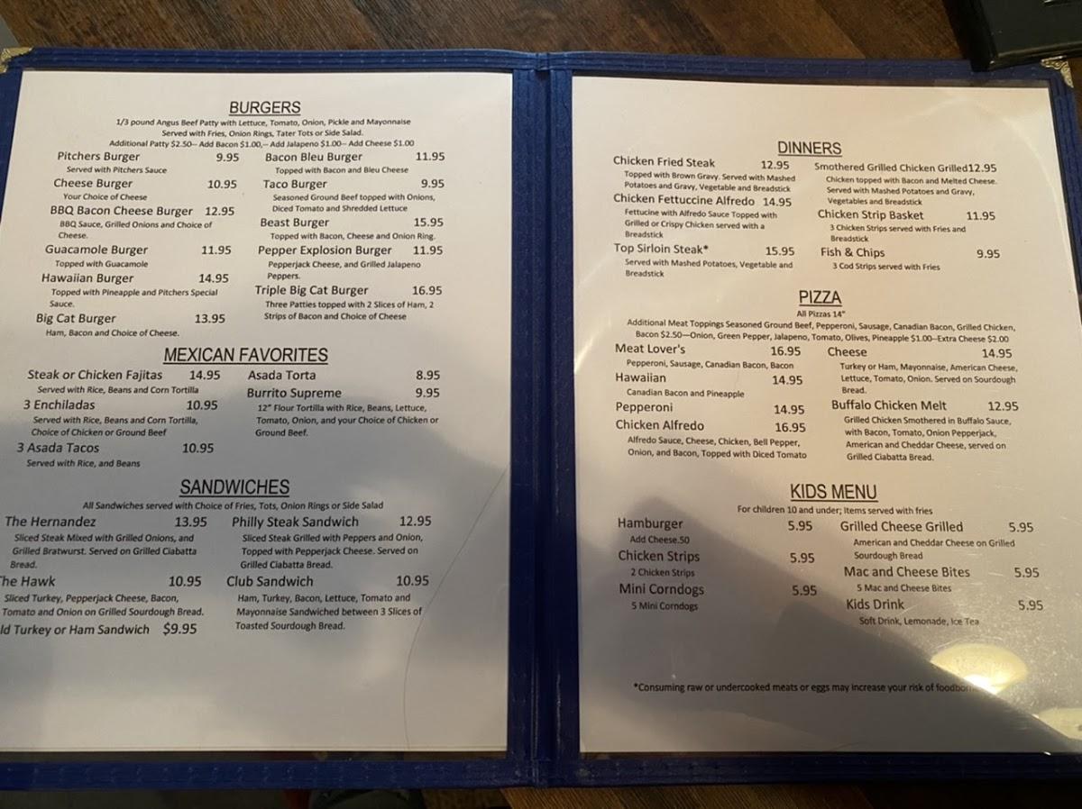 Menu at Pitchers restaurant, Warden