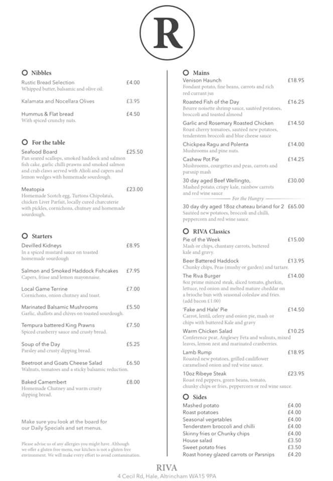 Menu at Riva Bar and Restaurant, Hale