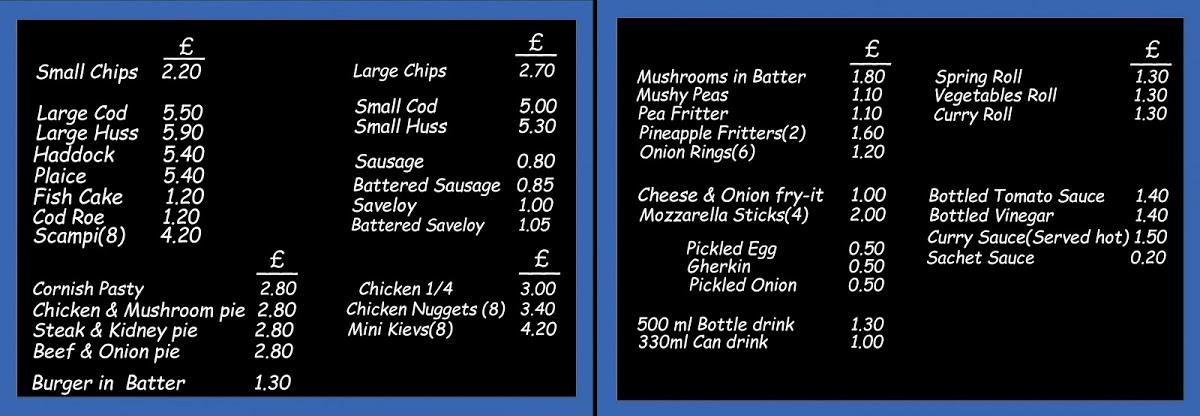 Menu at Prizefighters Fish & Chips fast food, Crawley Down