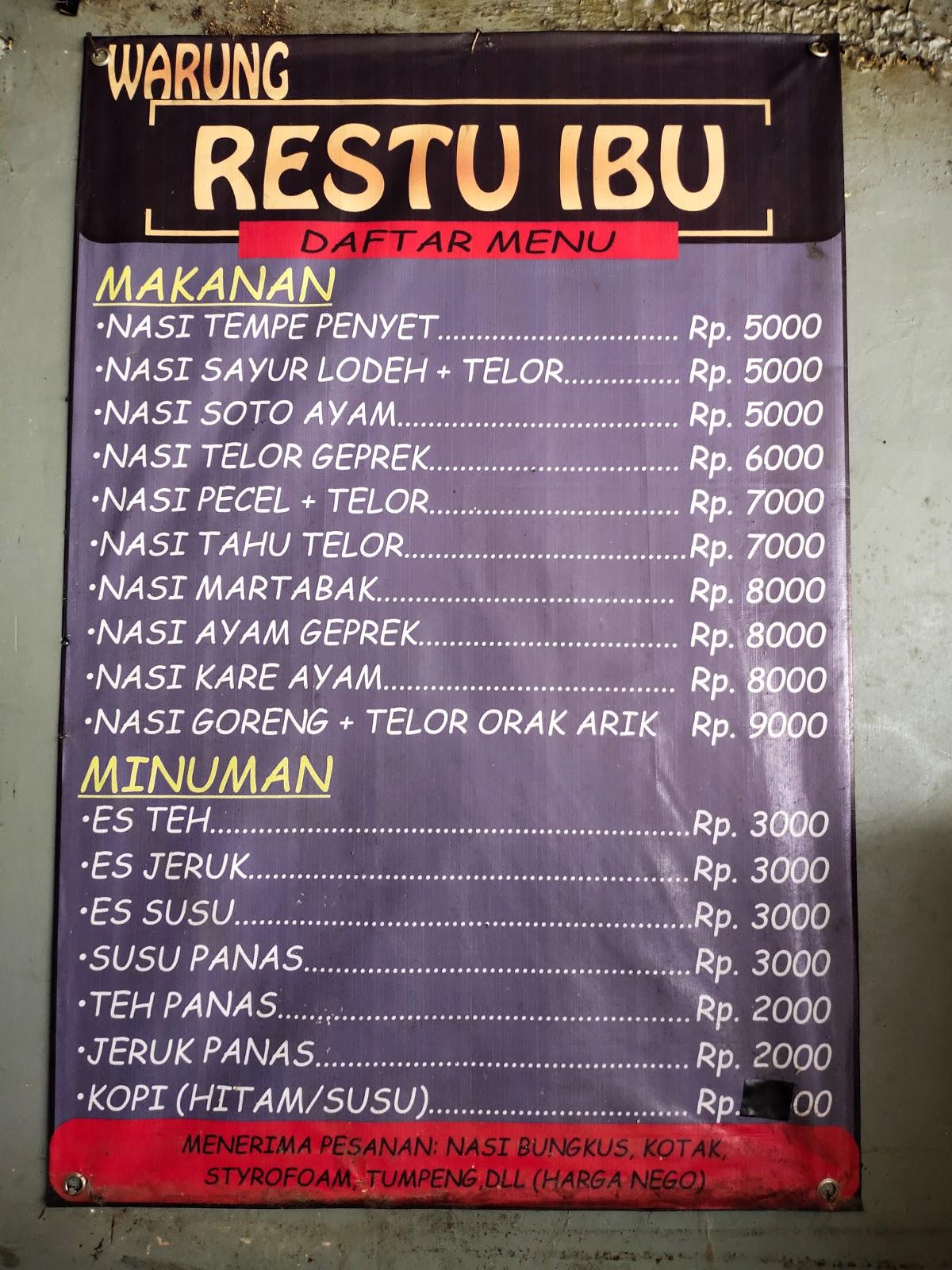 Menu at Warung "Restu Ibu", Malang