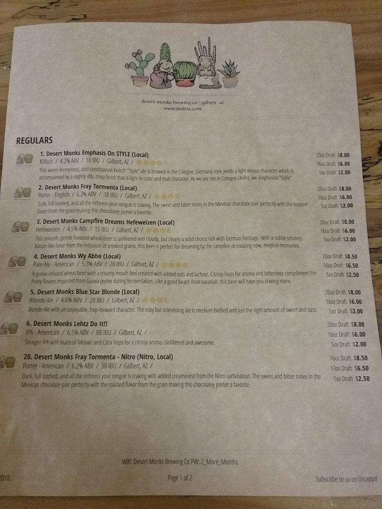 Menu at Desert Monks Brewing Co, Gilbert