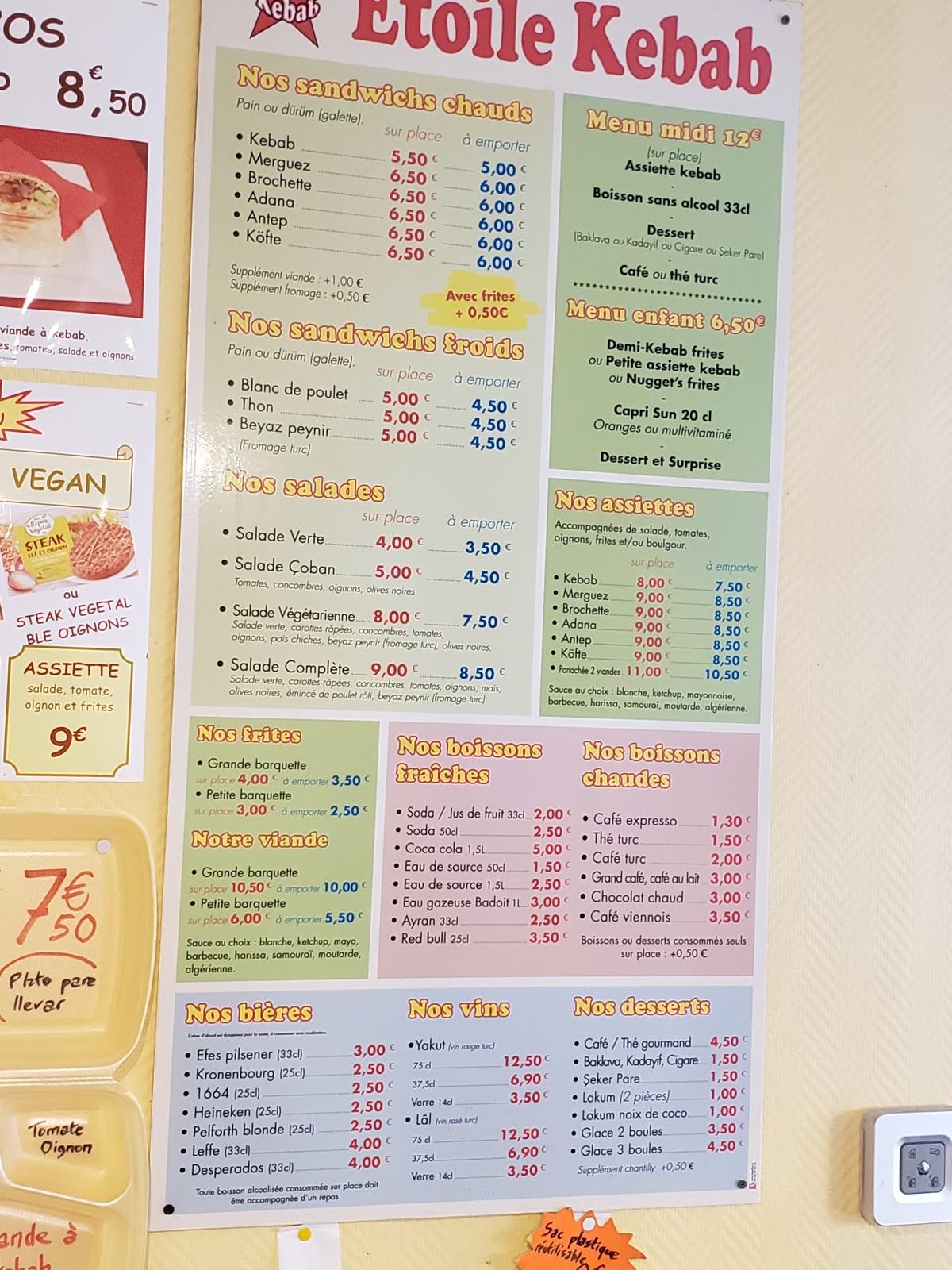 Menu au Etoile Kebab fast food, Sarlat-la-Canéda