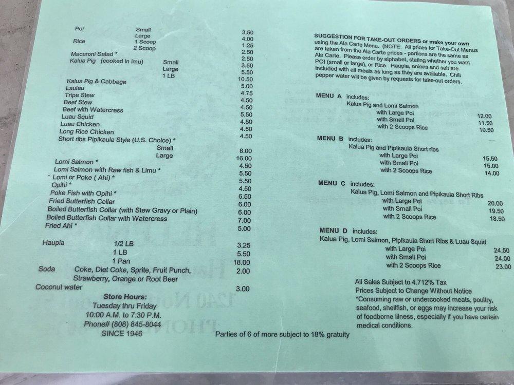 Menu at Helena's Hawaiian Food restaurant, Honolulu