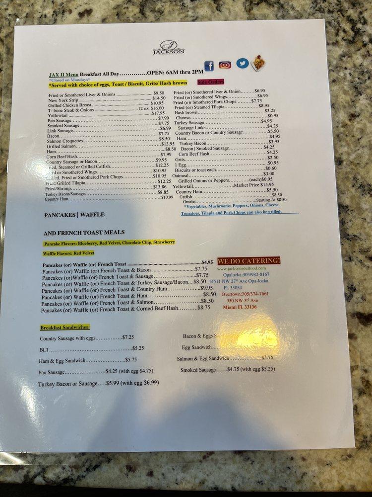 Menu at Jackson Soul Food II restaurant, Opa-locka