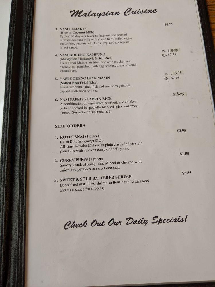 Menu at Rasa Ria restaurant, Kalamazoo