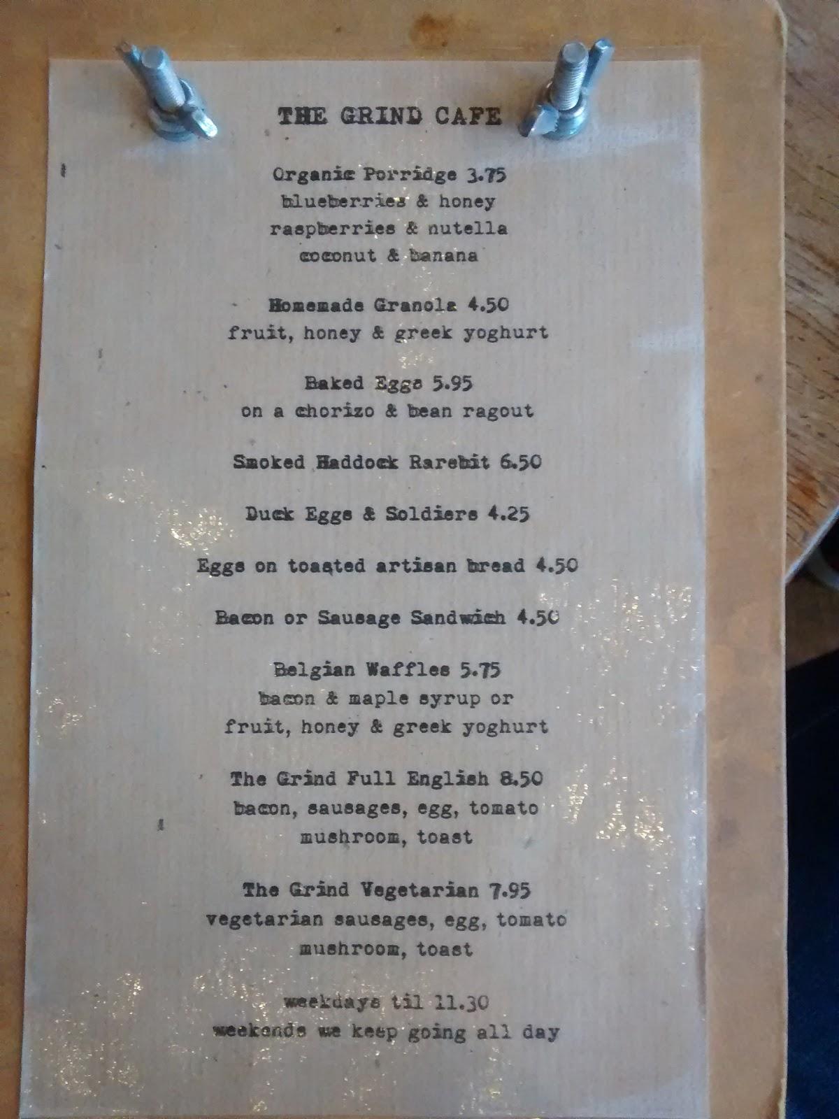 Menu at The Grind Cafe, Sheffield, Cornwall Works