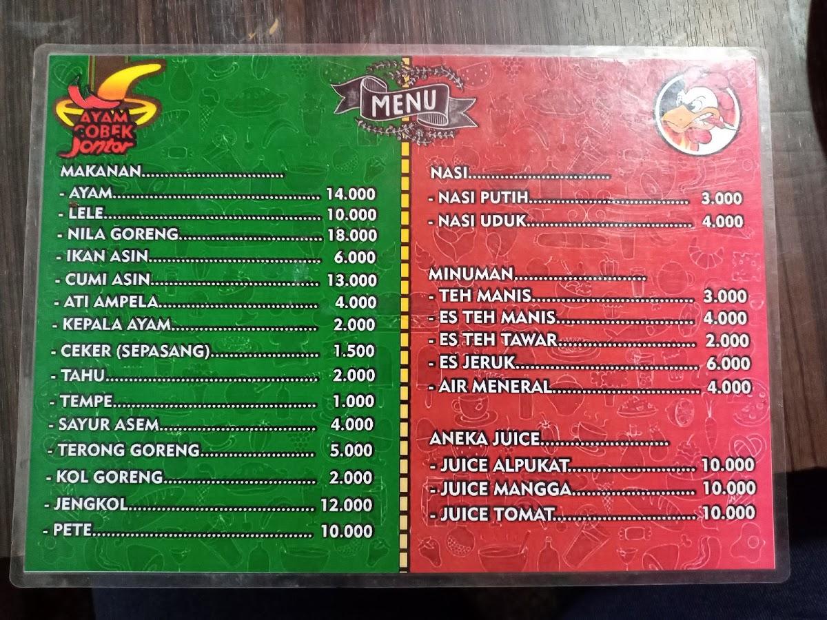 Menu at Ayam Cobek Jontor restaurant, Central Jakarta, Jl. Cempaka ...