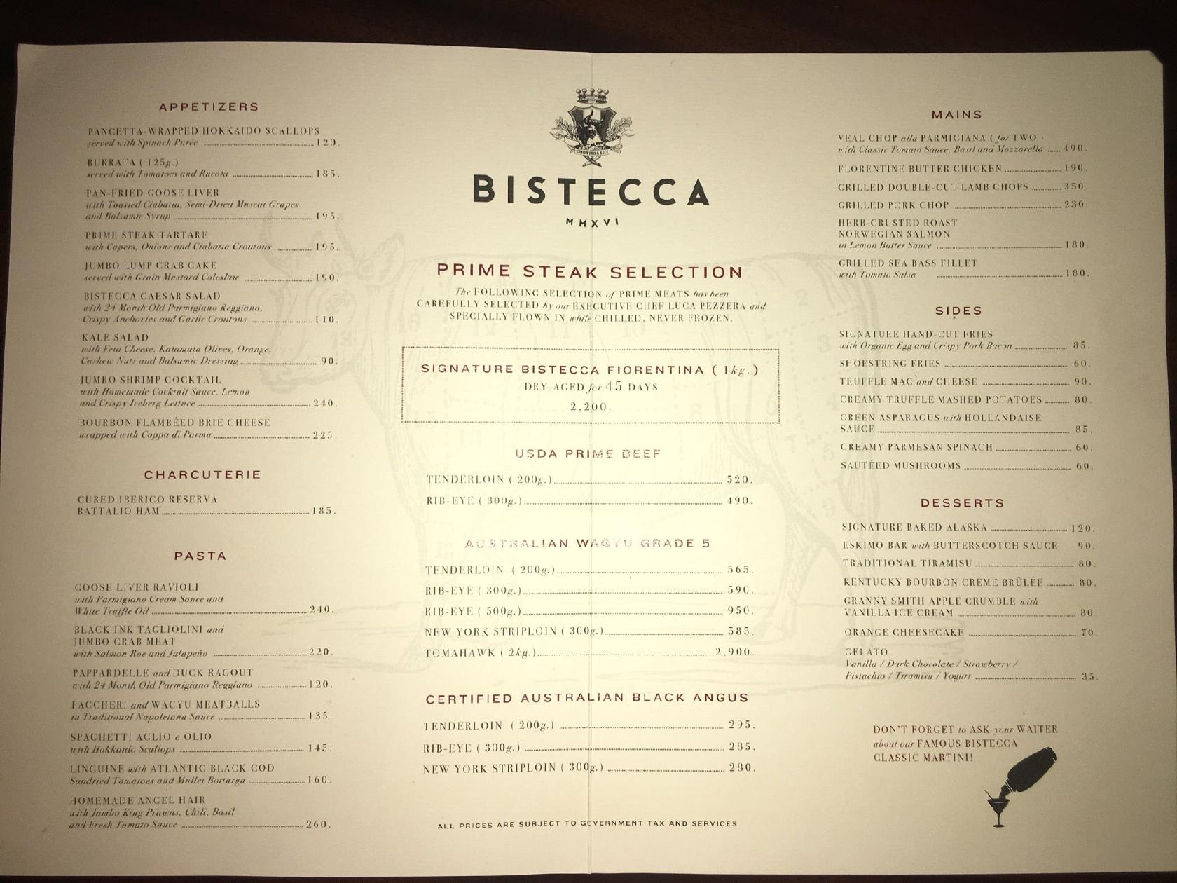 Menu at BISTECCA steakhouse, Jakarta