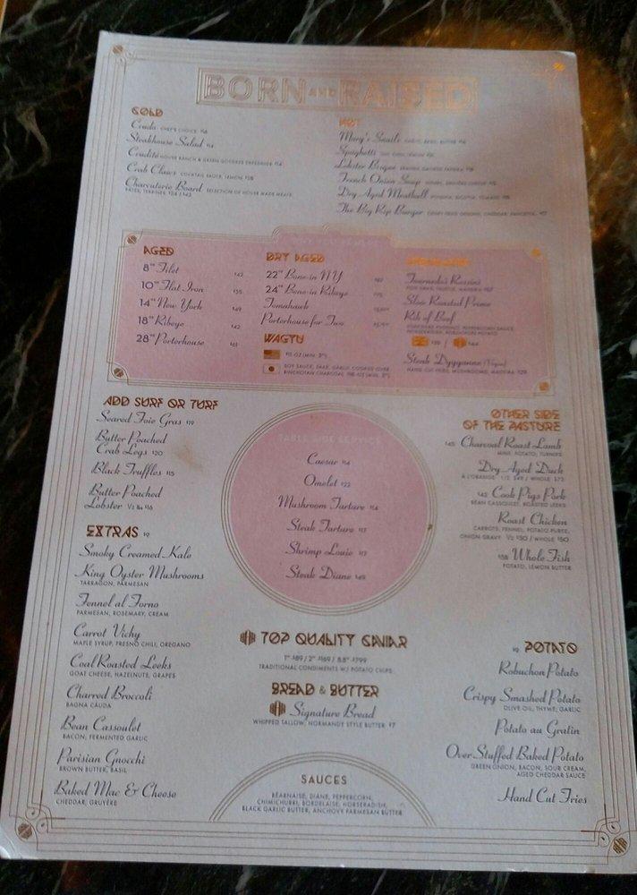 Menu at Born and Raised steakhouse, San Diego, India St