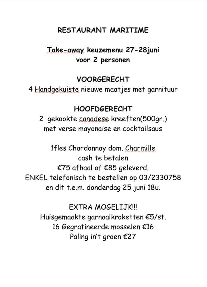Menu at Restaurant Maritime, Antwerp, Suikerrui 4