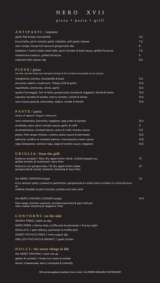 Menu at Nero XVII restaurant, Dublin